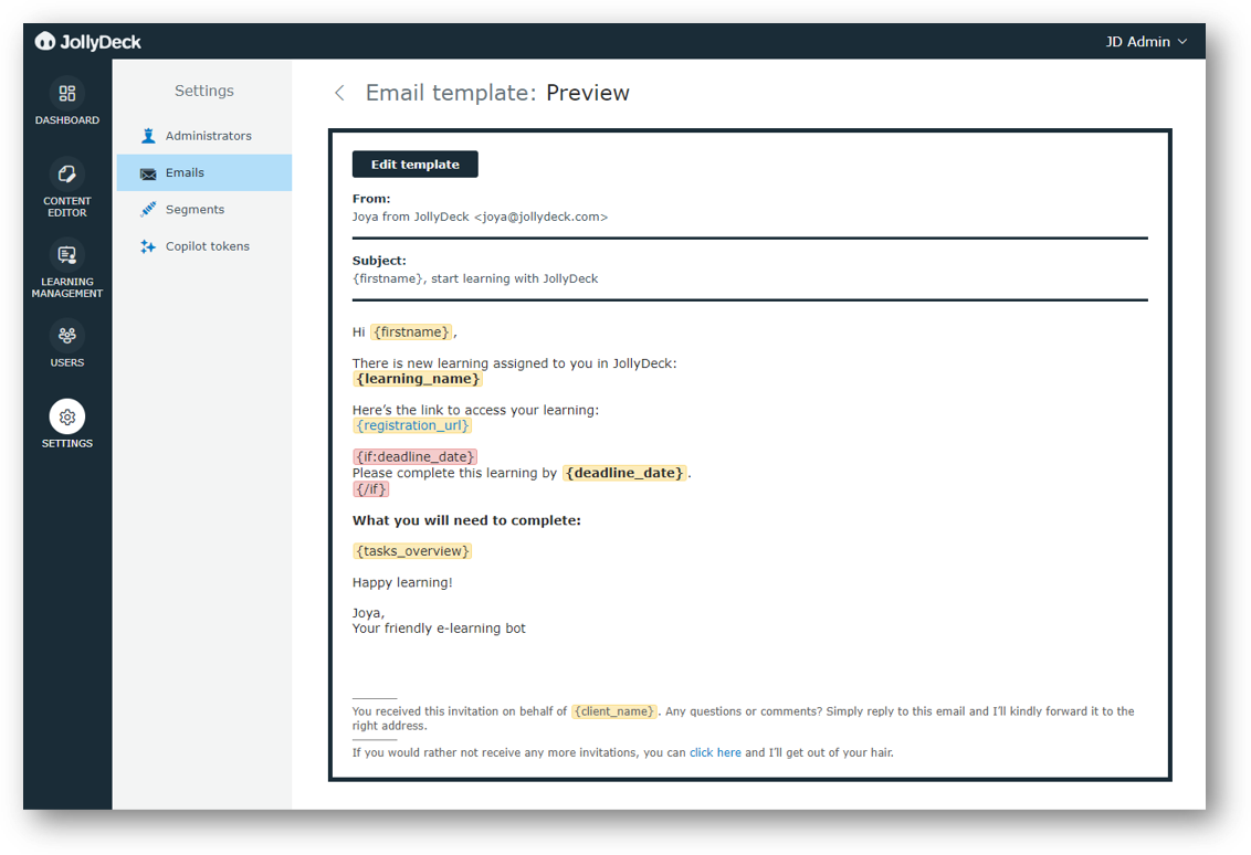 What happens to the email comms in a JollyDeck Mission with combined ...
