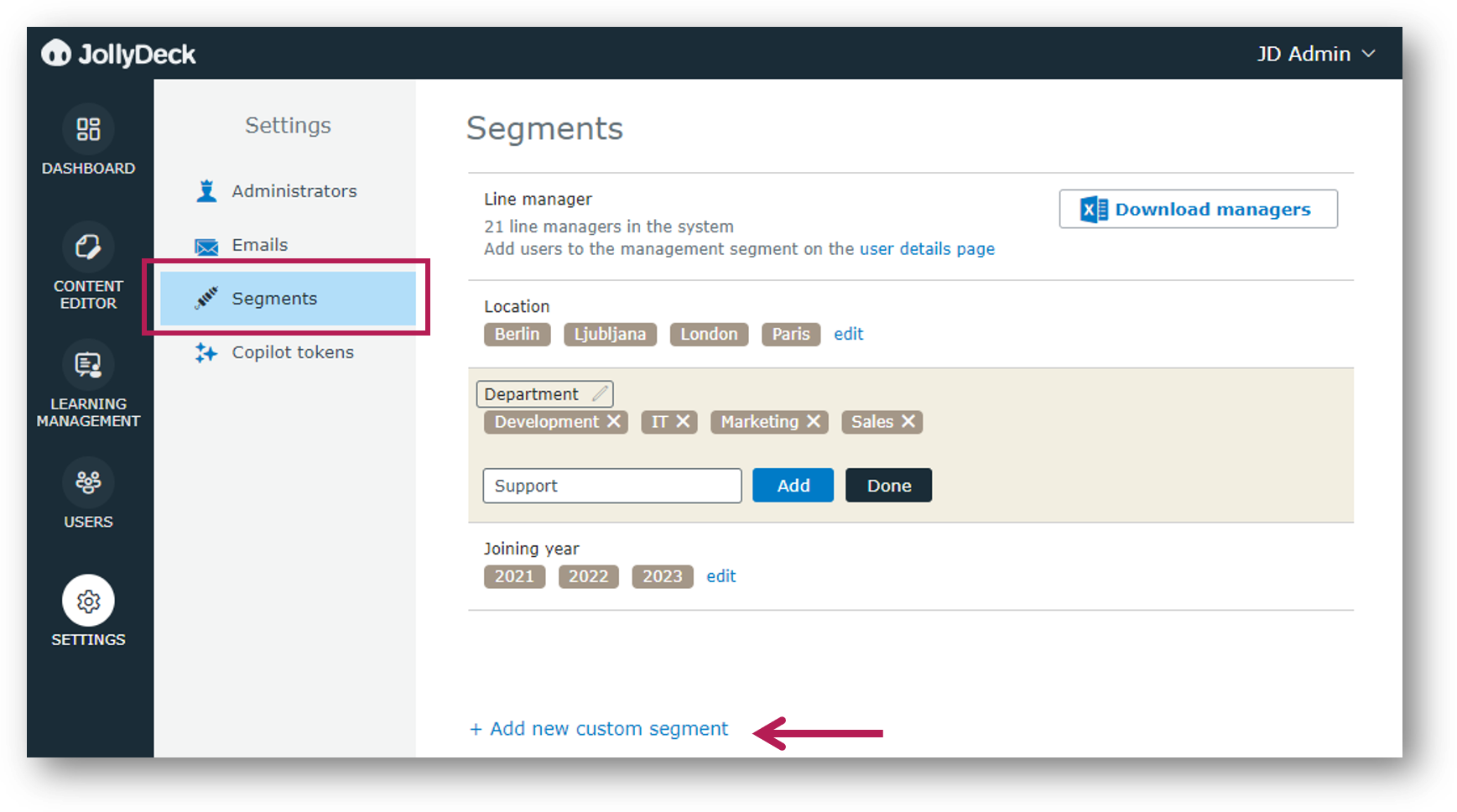 How do I create and manage user segments in JollyDeck?