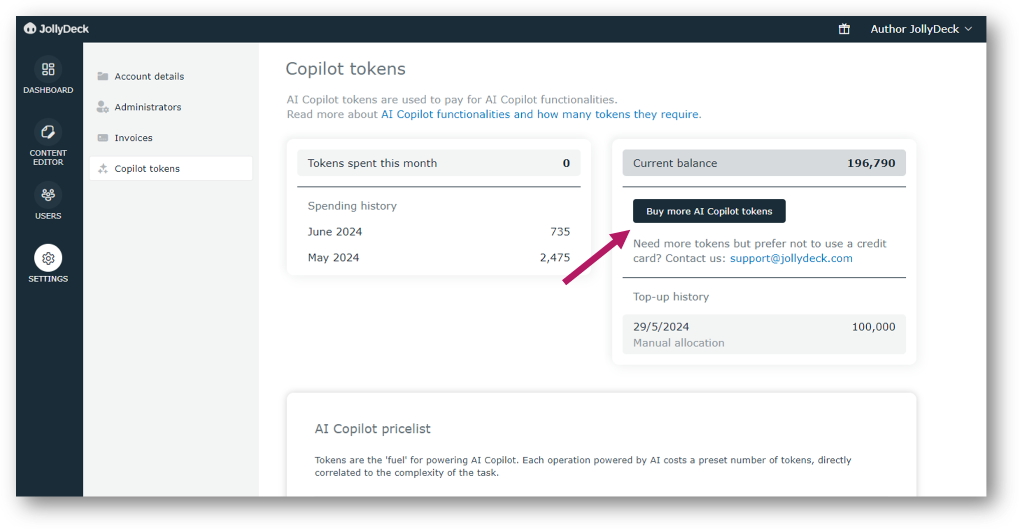 How do I top up my AI token balance in JollyDeck?