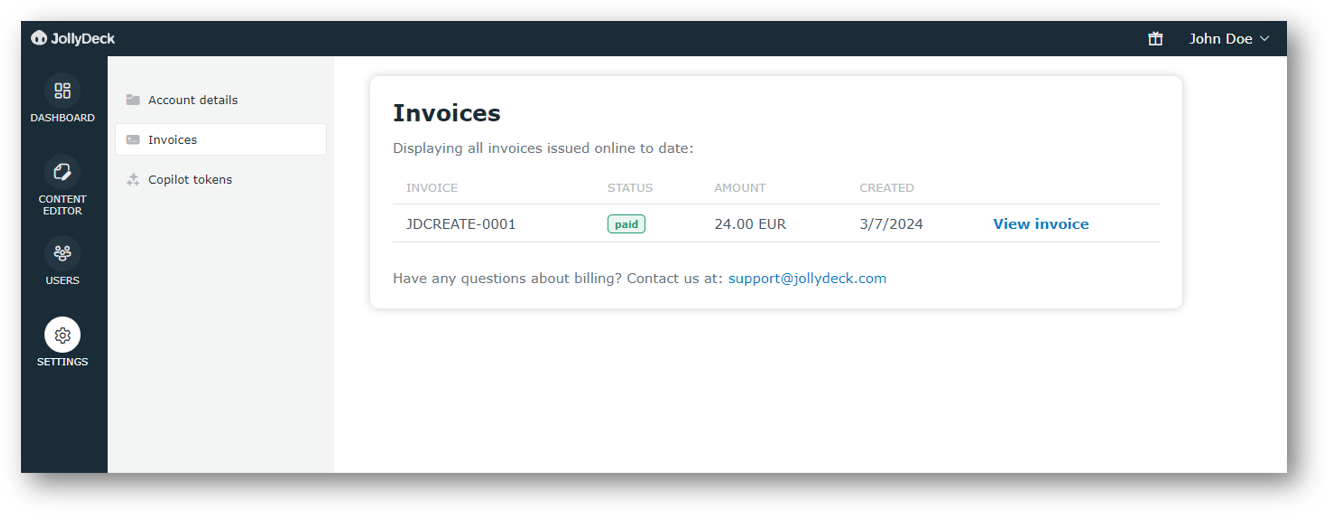 Where can I access my JollyDeck Create invoice history?